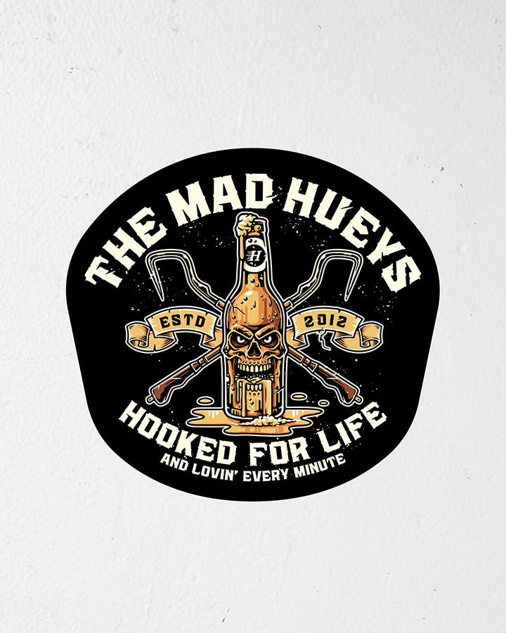 HOOKED FOR LIFE | STICKER - BLACK – The Mad Hueys